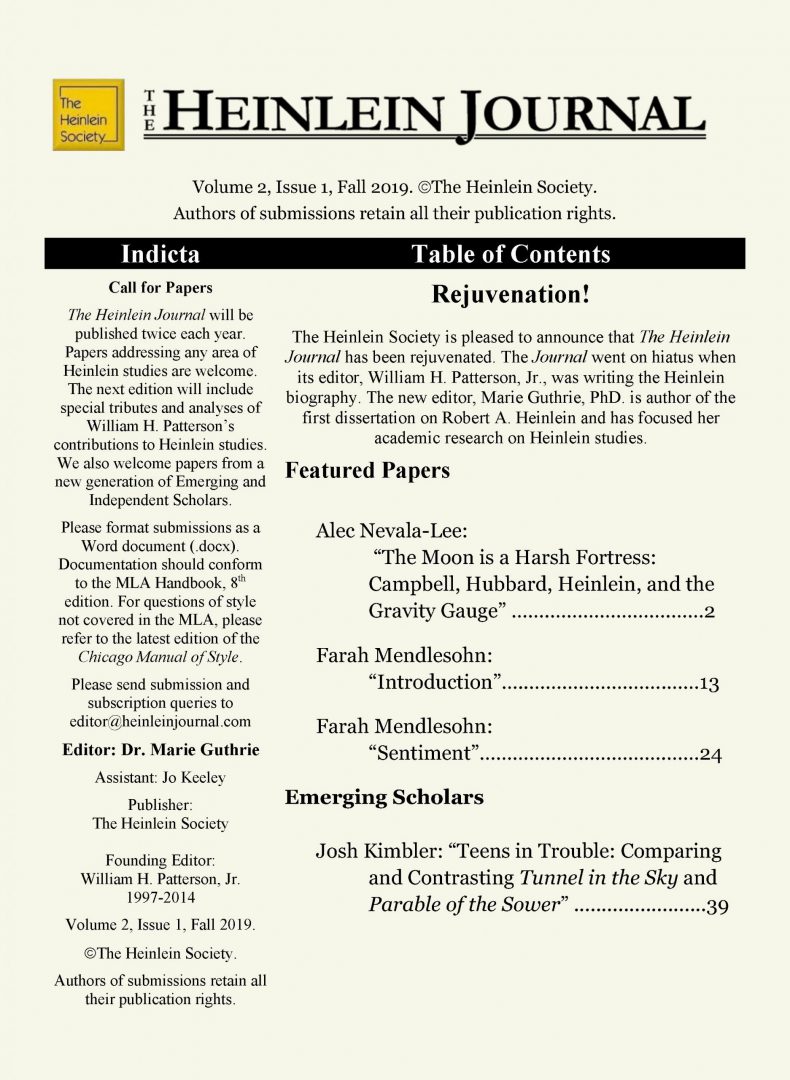 The Heinlein Journal--Issue # 25 (2.1) Fall 2019 - 43 pages - The ...